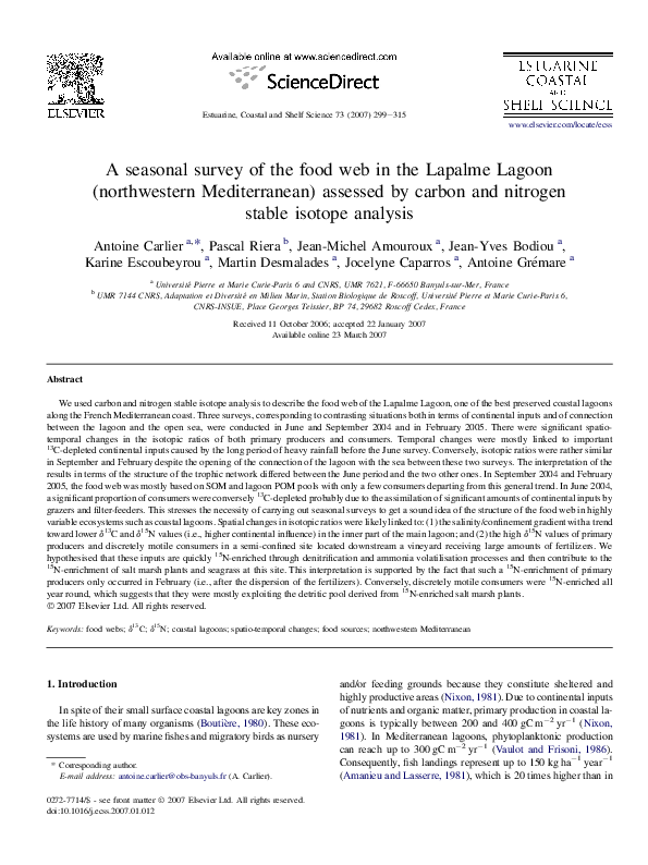 (PDF) A seasonal survey of the food web in the Lapalme Lagoon ...