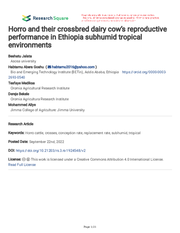 (PDF) Horro and their crossbred dairy cow’s reproductive performance in ...