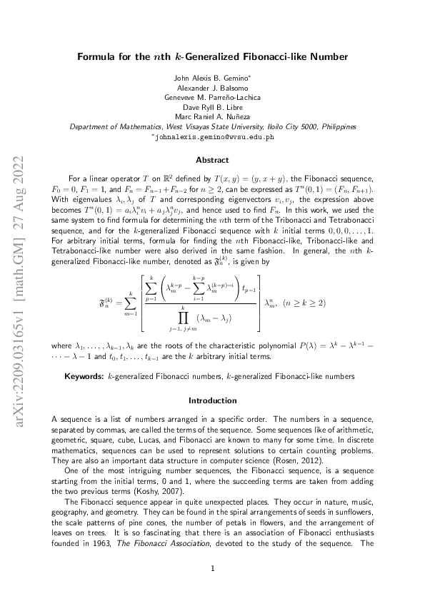 (PDF) Formula for the $n$th $k$-Generalized Fibonacci-like Number
