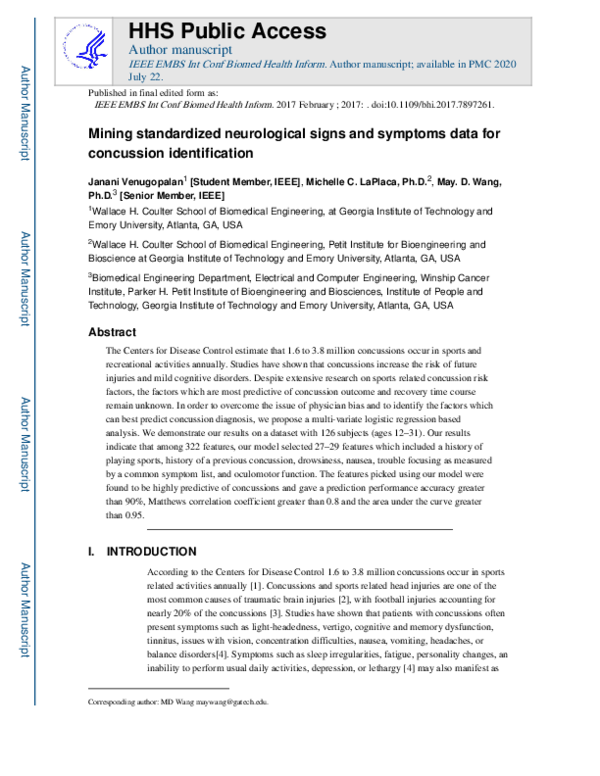 (PDF) Mining standardized neurological signs and symptoms data for concussion identification