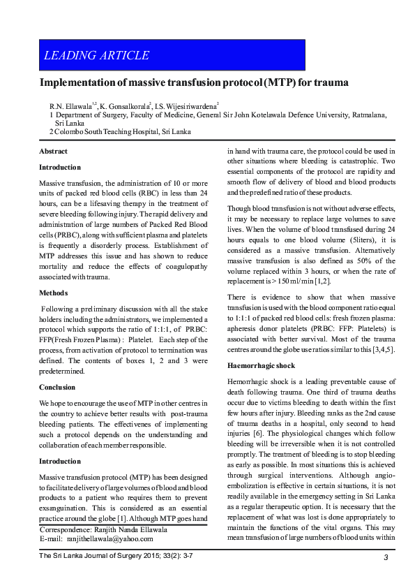 (PDF) Implementation of massive transfusion protocol (MTP) for trauma