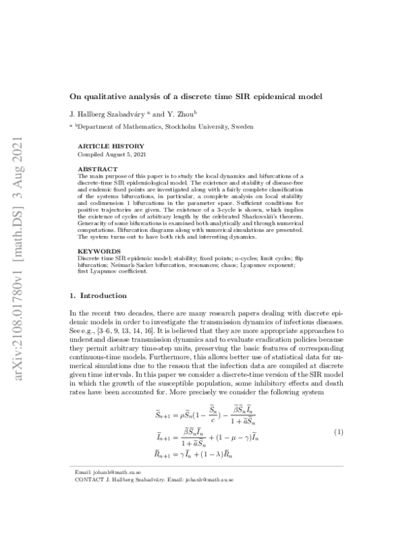 Pdf On Qualitative Analysis Of A Discrete Time Sir Epidemical Model