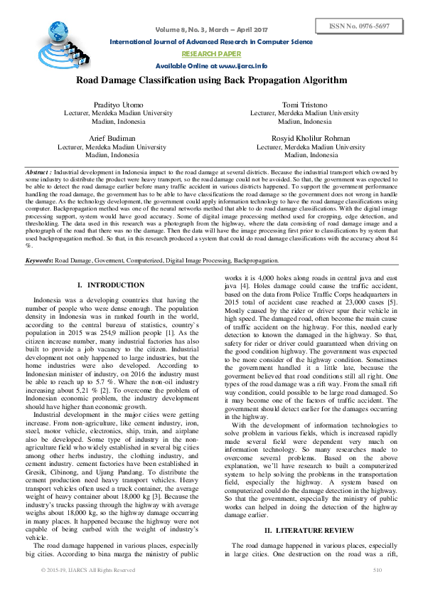 (PDF) Road Damage Classification using Back Propagation Algorithm