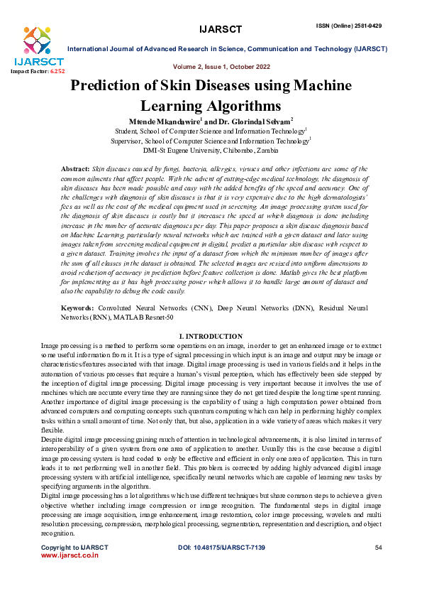 (PDF) Prediction of Skin Diseases using Machine Learning Algorithms