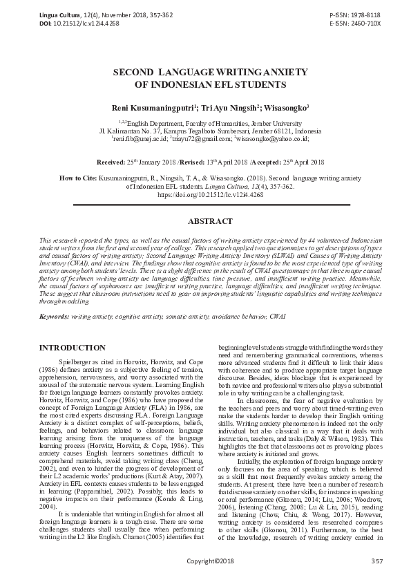 (PDF) Second Language Writing Anxiety of Indonesian EFL Students