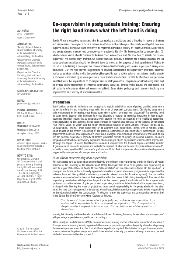 (PDF) Co-supervision in postgraduate training: Ensuring the right hand ...