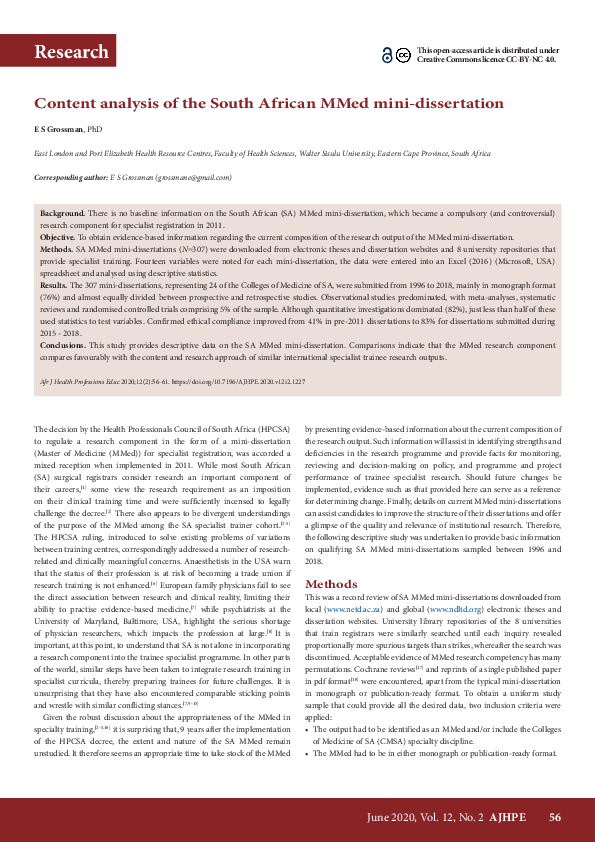 (PDF) Content analysis of the South African MMed mini-dissertation