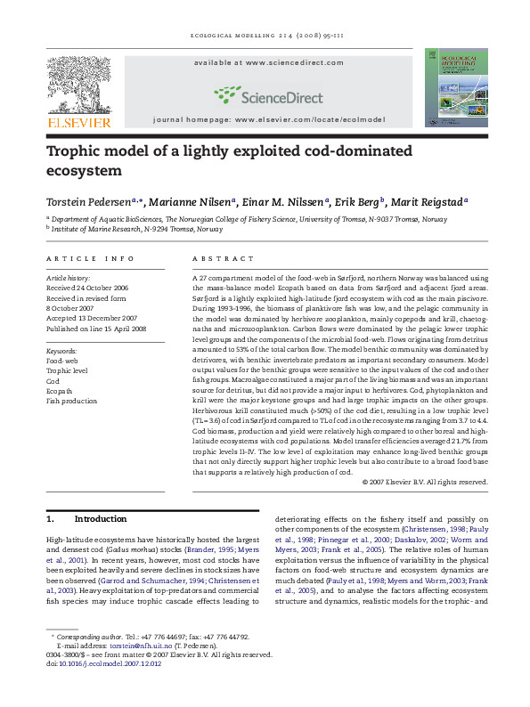 Pdf Trophic Model Of A Lightly Exploited Cod Dominated Ecosystem
