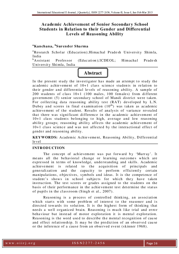 (PDF) Academic Achievement of Senior Secondary School Students in Relation to their Gender and ...