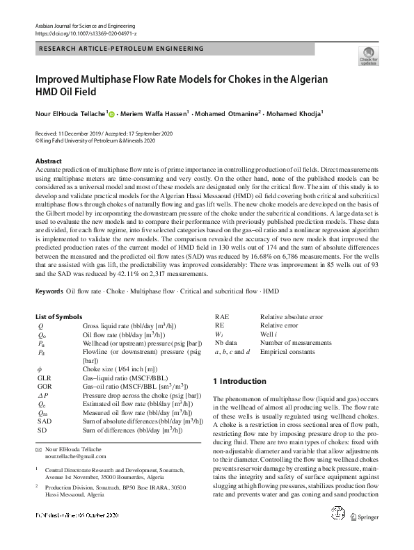 (PDF) Improved Multiphase Flow Rate Models for Chokes in the Algerian HMD Oil Field