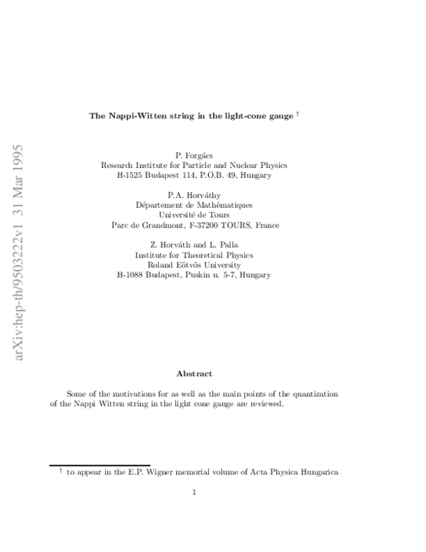 (PDF) The Nappi-Witten string in the light-cone gauge
