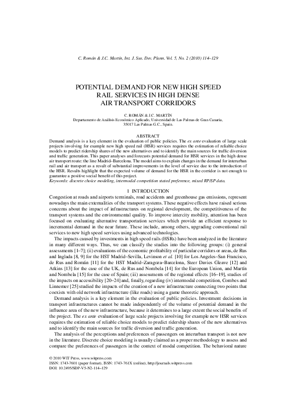 (PDF) Potential demand for new high speed rail services in high dense air transport corridors