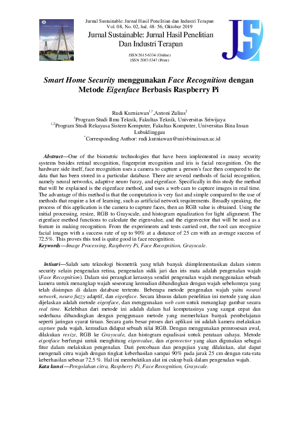Pdf Smart Home Security Menggunakan Face Recognition Dengan Metode Eigenface Berbasis Raspberry Pi 