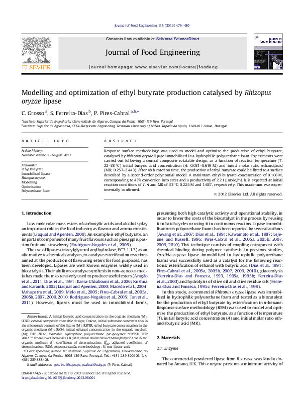 (PDF) Modelling and optimization of ethyl butyrate production catalysed by Rhizopus oryzae lipase