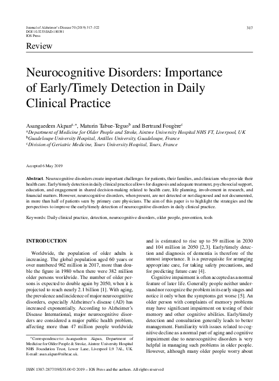 (PDF) Neurocognitive Disorders: Importance of Early/Timely Detection in ...