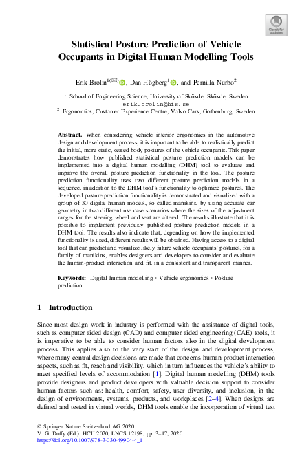 Pdf Statistical Posture Prediction Of Vehicle Occupants In Digital