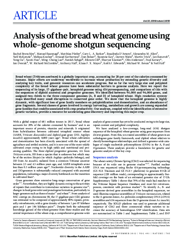 (PDF) Analysis of the bread wheat genome using whole-genome shotgun sequencing