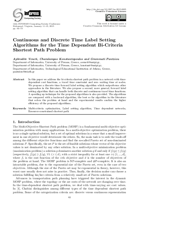 (PDF) Continuous and Discrete Time Label Setting Algorithms for the Time Dependent Bi-Criteria ...