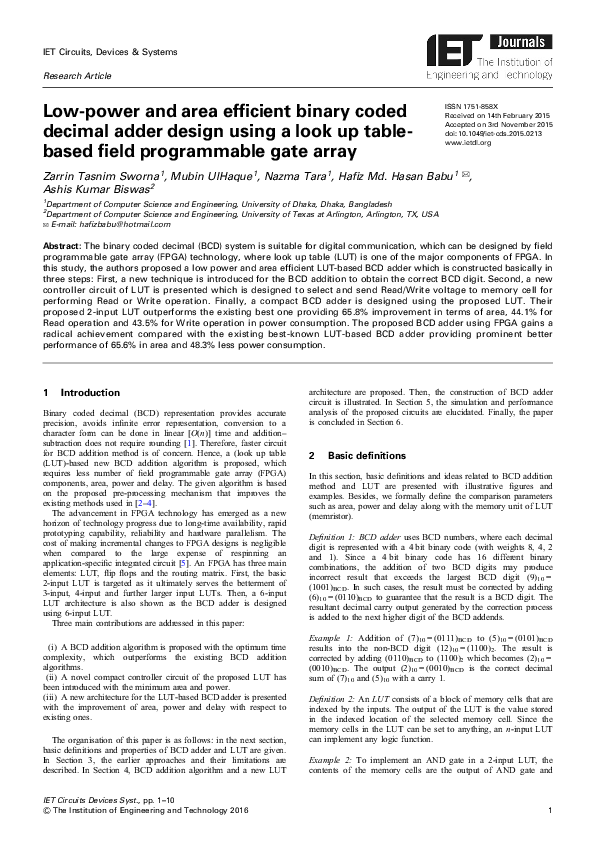 Pdf Low‐power And Area Efficient Binary Coded Decimal Adder Design Using A Look Up Table‐based