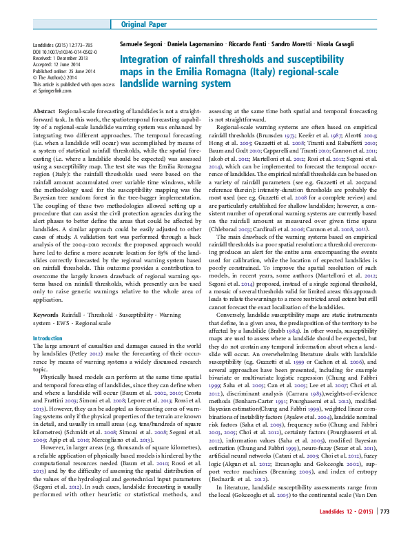 (PDF) Integration of rainfall thresholds and susceptibility maps in the Emilia Romagna (Italy ...