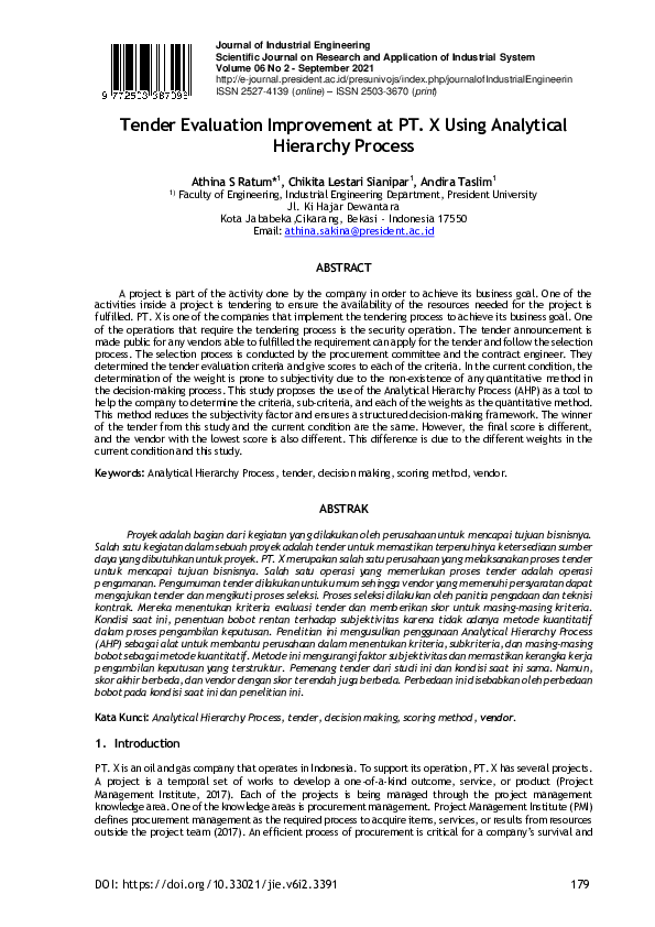 (PDF) Tender Evaluation Improvement at PT. X Using Analytical Hierarchy Process