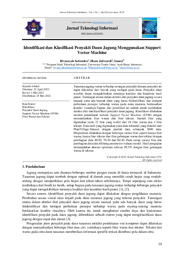 (PDF) Identifikasi dan Klasifikasi Penyakit Daun Jagung Menggunakan Support Vector Machine