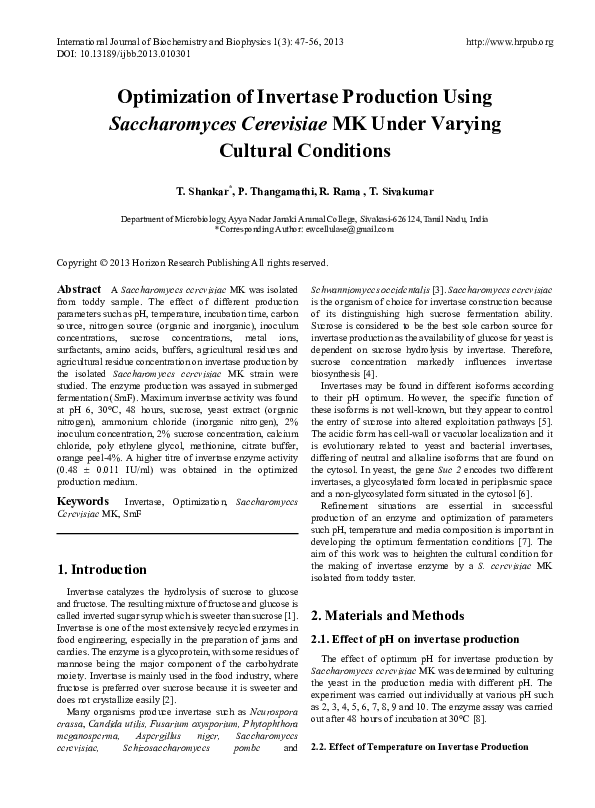 (PDF) Optimization of Invertase Production Using Saccharomyces Cerevisiae MK under Varying ...
