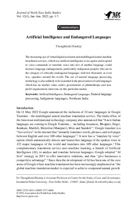 (PDF) Artificial Intelligence and Endangered Languages