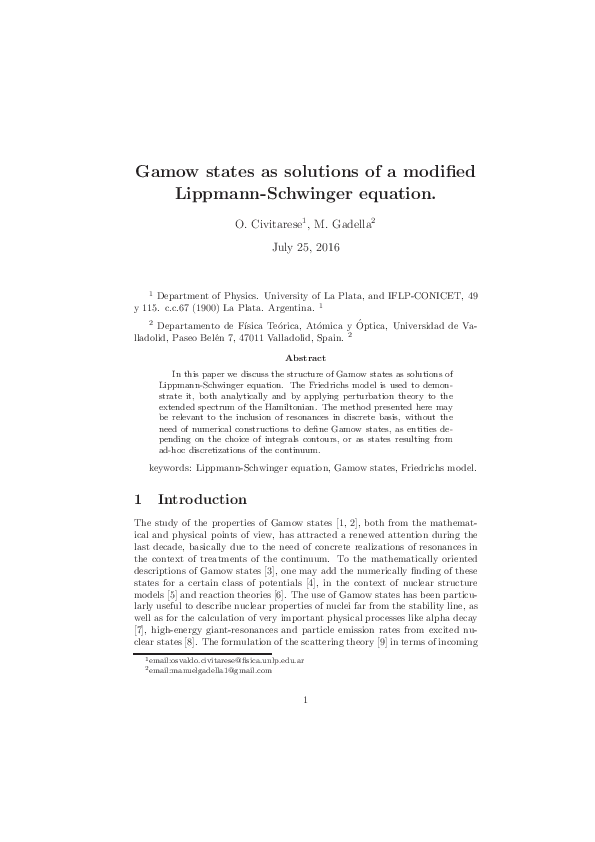 (PDF) Gamow states as solutions of a modified Lippmann–Schwinger equation