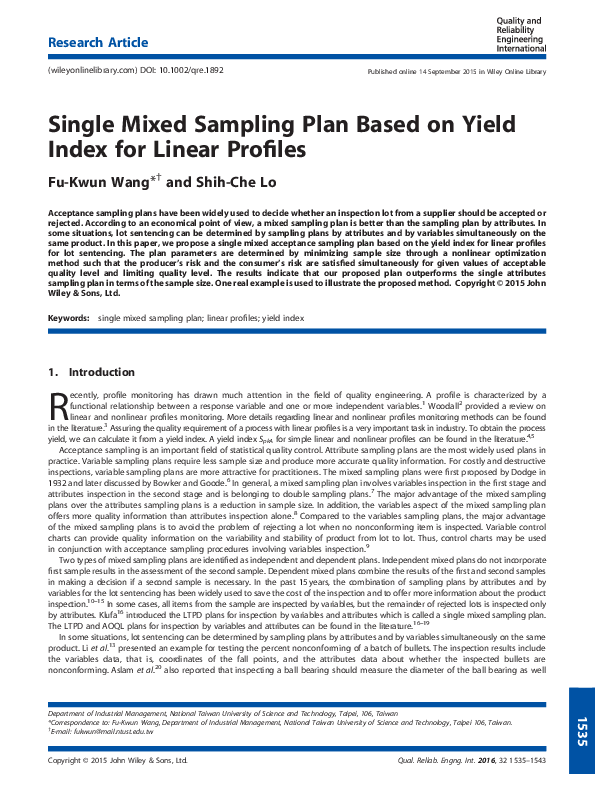 (PDF) Single Mixed Sampling Plan Based on Yield Index for Linear Profiles
