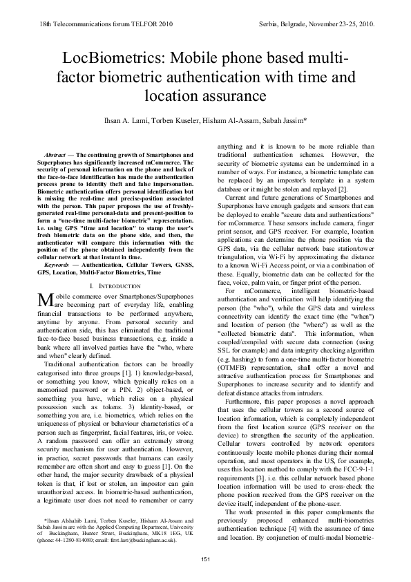 (PDF) LocBiometrics: Mobile phone based multi-factor biometric authentication with time and ...