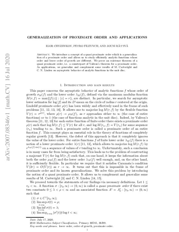 (PDF) Generalization of Proximate Order and Applications
