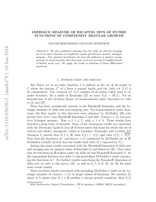 (PDF) Lebesgue measure of escaping sets of entire functions of completely regular growth