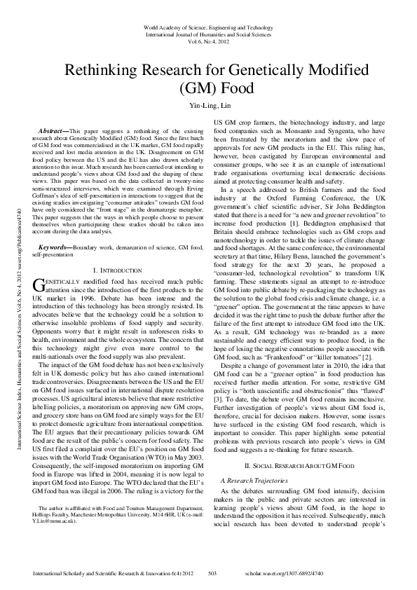 (PDF) Rethinking Research For Genetically Modified (Gm) Food