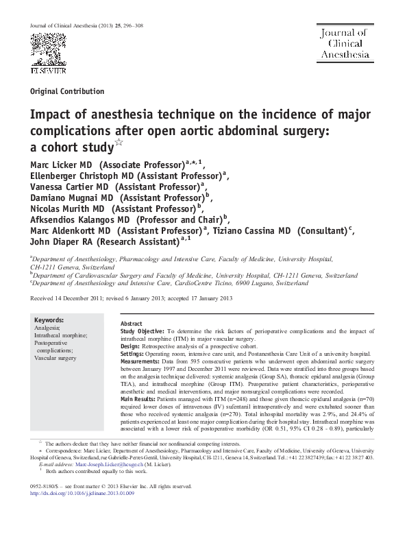 (PDF) Impact of anesthesia technique on the incidence of major complications after open aortic ...