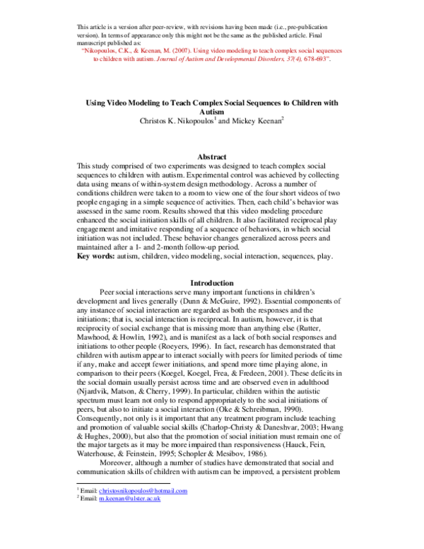 (PDF) Using Video Modeling to Teach Complex Social Sequences to ...