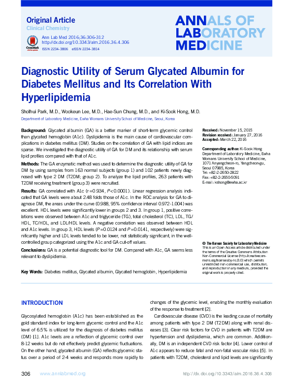 (PDF) Diagnostic Utility of Serum Glycated Albumin for Diabetes ...