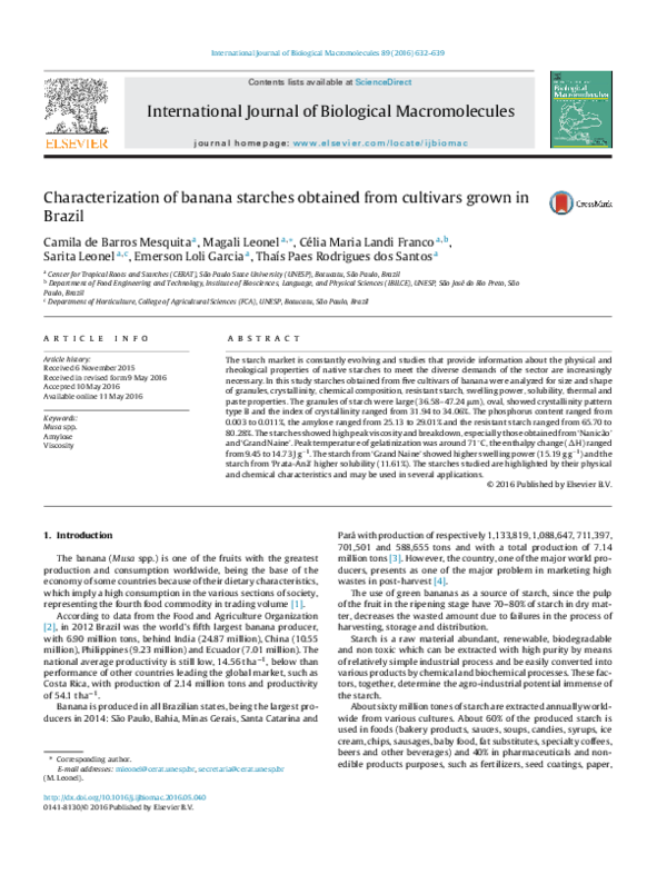 (PDF) Characterization of banana starches obtained from cultivars grown ...