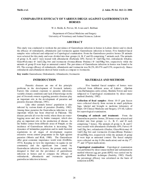 (PDF) Comparative Efficacy of Various Drugs Against Gastrodiscus in Horses