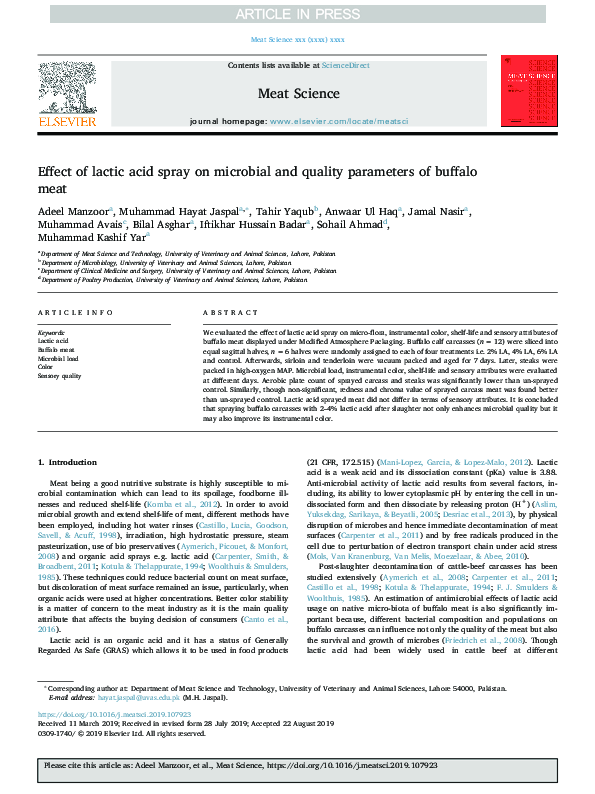 (PDF) Effect of lactic acid spray on microbial and quality parameters ...