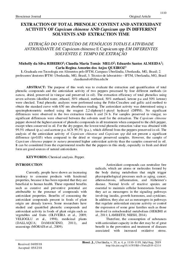 Pdf Extraction Of Total Phenolic Content And Antioxidant Activity Of