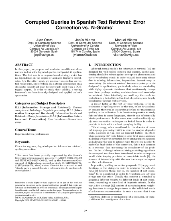 (PDF) Corrupted queries in Spanish text retrieval