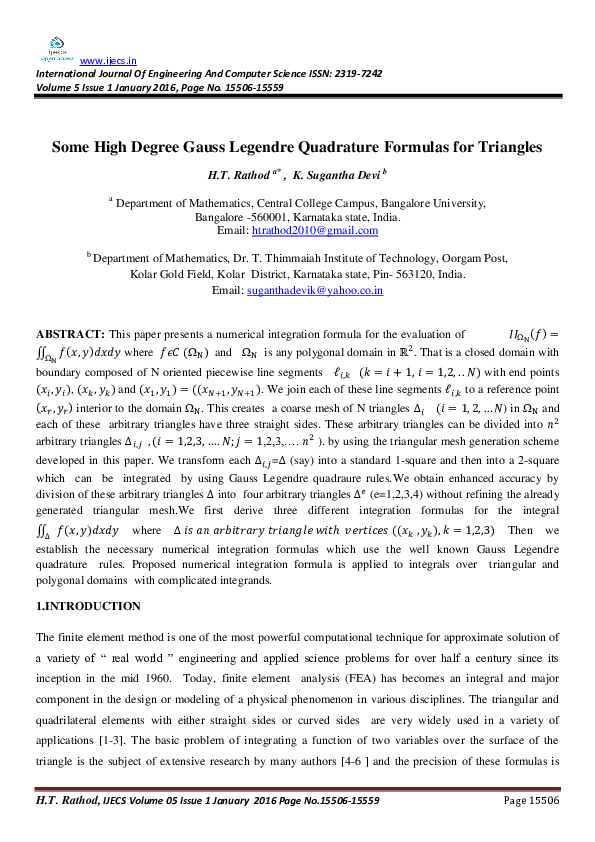 (PDF) Some High Degree Gauss Legendre Quadrature Formulas for Triangles | SUGANTHA DEVI ...