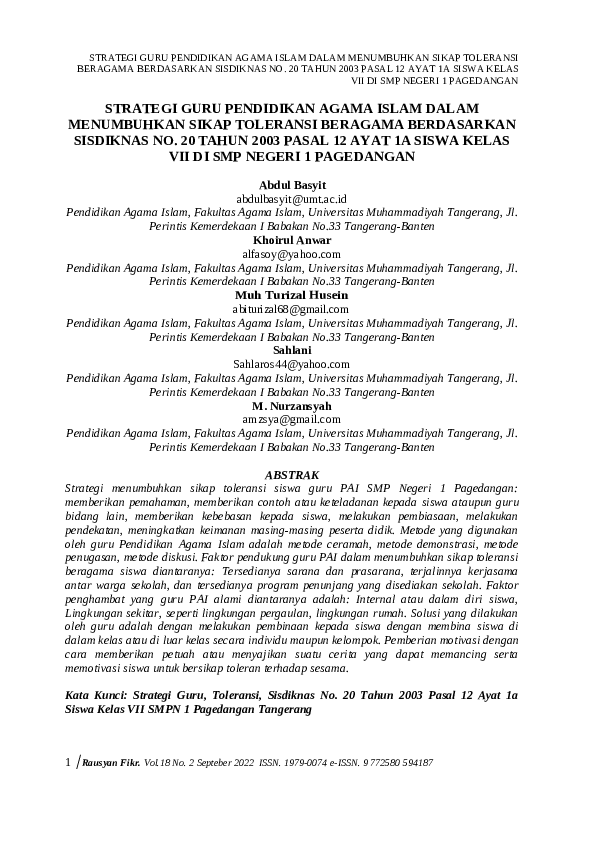 (PDF) Strategi Guru Pendidikan Agama Islam Dalam Menumbuhkan Sikap Toleransi Beragama ...