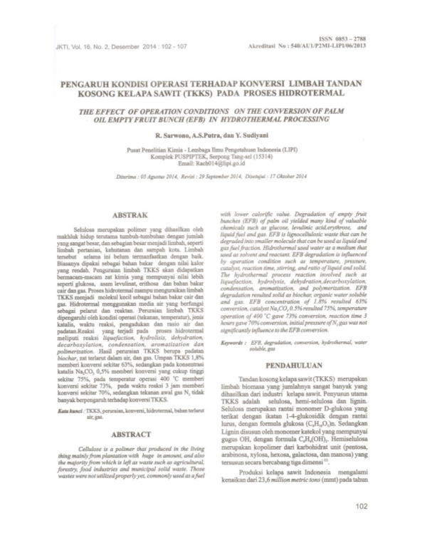 (PDF) Pengaruh Kondisi Operasi Terhadap Konversi Limbah Tandan Kosong Kelapa Sawit (TKKS) Pada ...