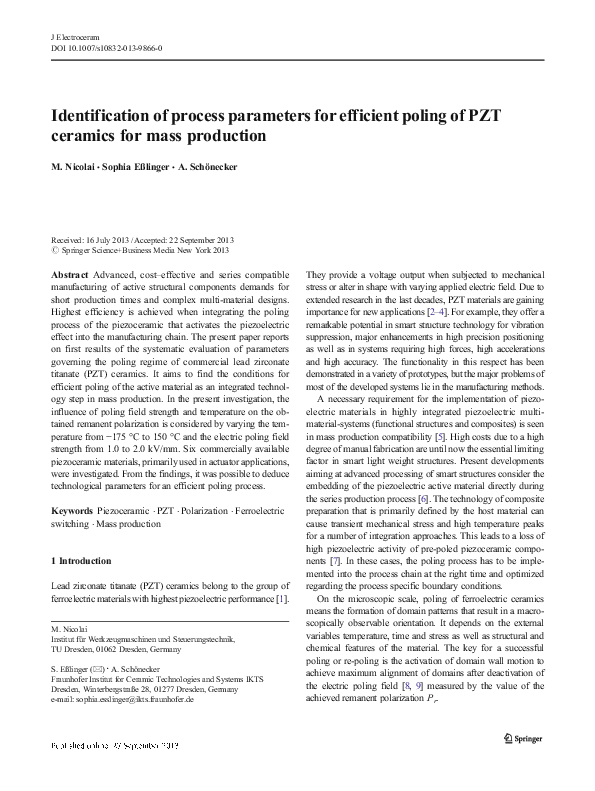 (PDF) Identification of process parameters for efficient poling of PZT ceramics for mass production
