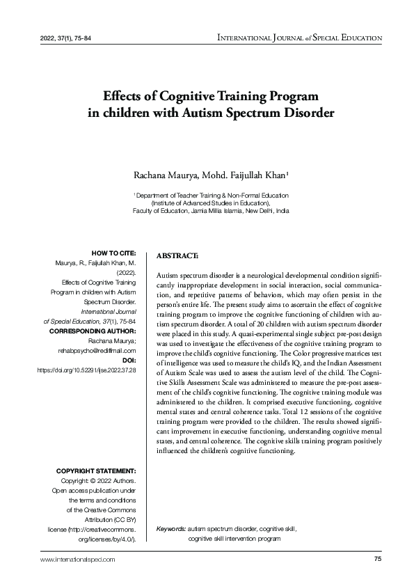 (PDF) Effects of Cognitive Training Program in children with Autism Spectrum Disorder