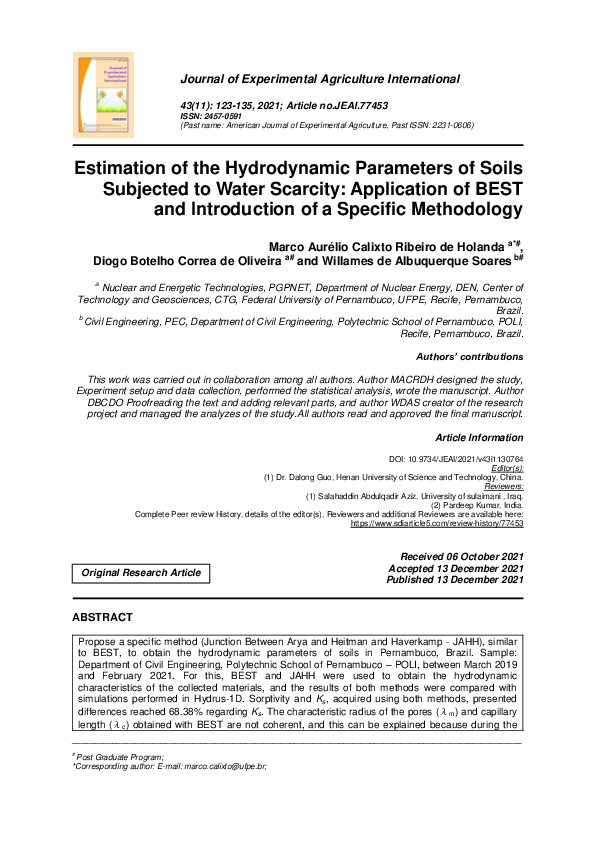 (PDF) Estimation of the Hydrodynamic Parameters of Soils Subjected to Water Scarcity ...