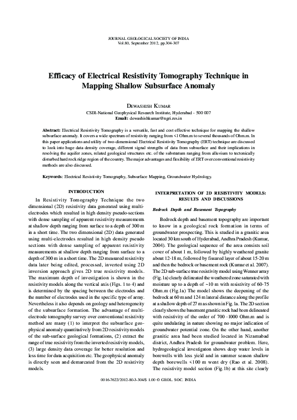 Pdf Efficacy Of Electrical Resistivity Tomography Technique In Mapping Shallow Subsurface Anomaly