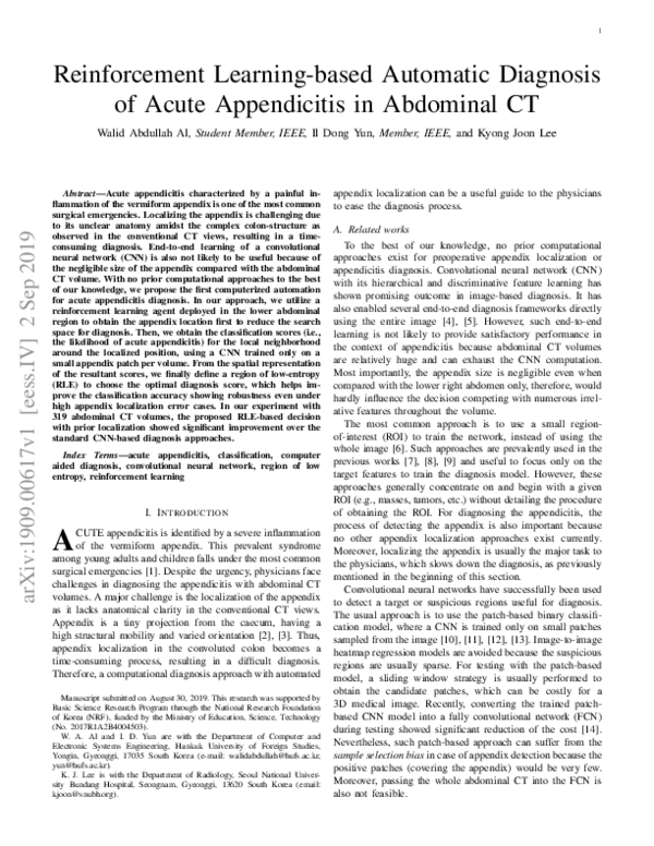 (PDF) Reinforcement Learning-based Automatic Diagnosis of Acute Appendicitis in Abdominal CT